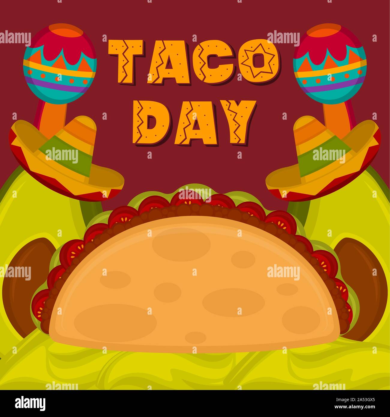 Taco day poster. Taco with guacamole, traditional mexican hats and ...