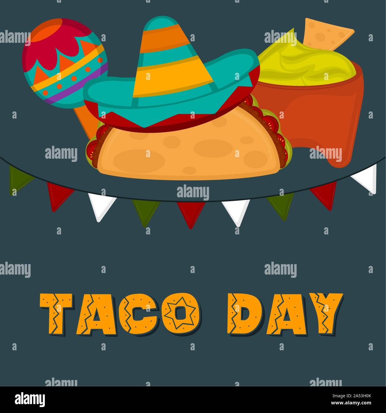 Taco day poster. Taco with a traditional mexican hat, maraca and ...