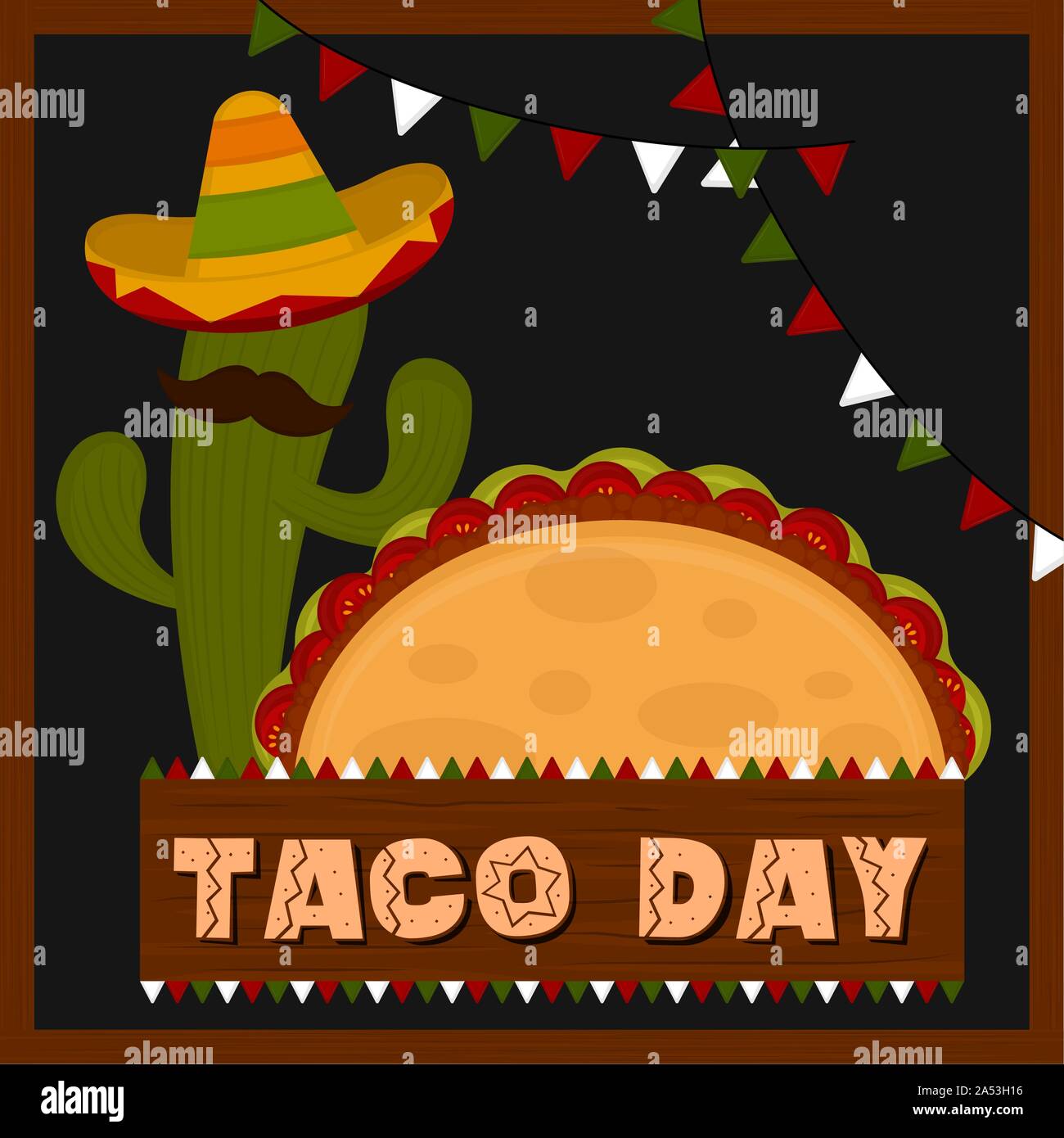 Taco Day Poster Cactus With A Traditional Mexican Hat And A Taco