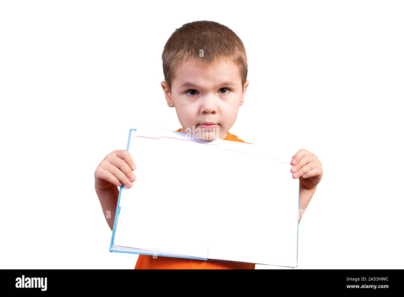 Little boy holds an open book. Isolated on a white background Stock ...