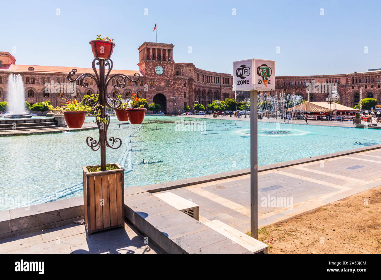 Armenia. Yerevan. WiFi Zone sign at the Singing Fountain and government ...