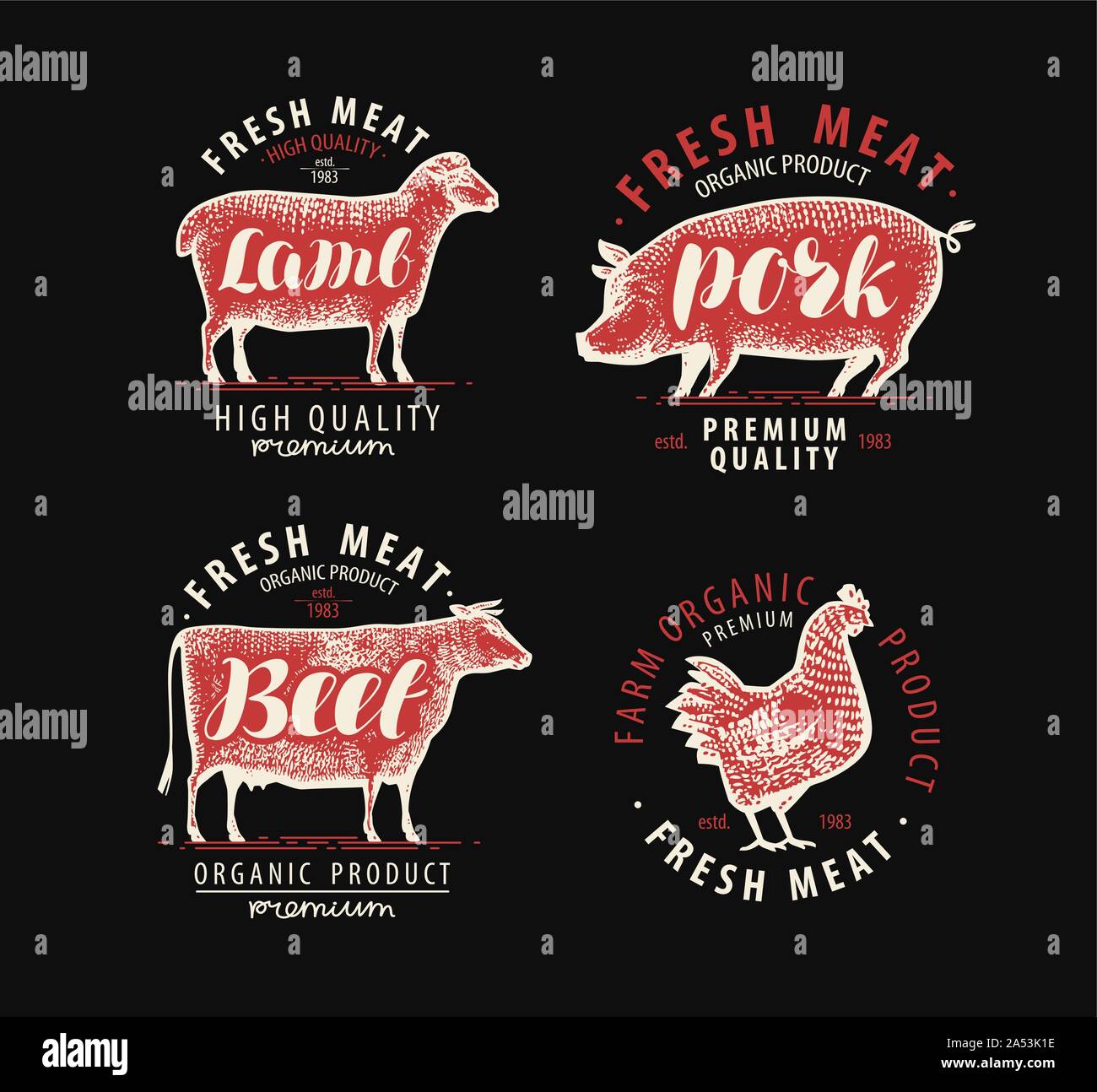 Meat set of labels. Butcher shop, food symbol. Vintage vector ...