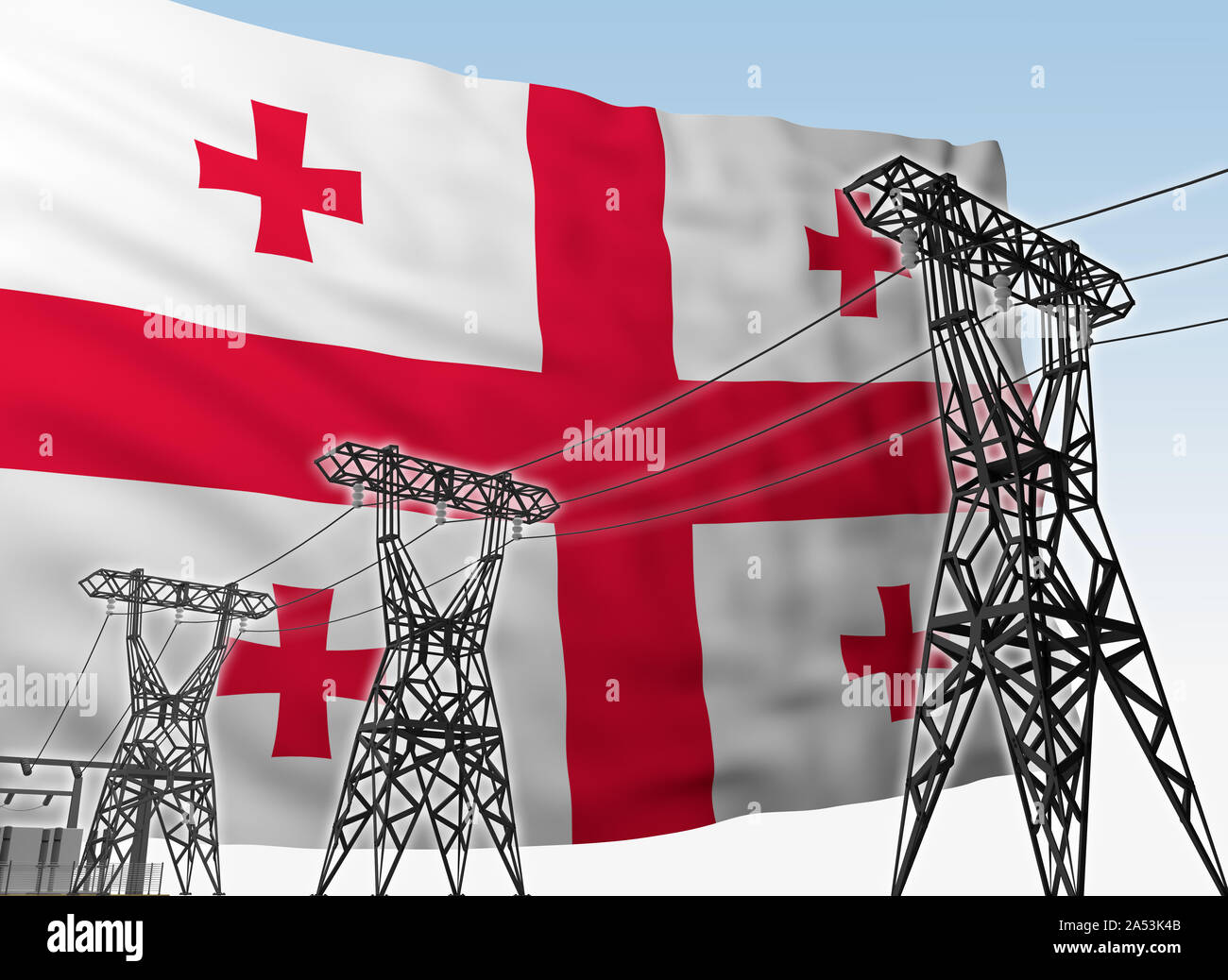 power lines against background flag of Georgia. 3d rendering Stock ...