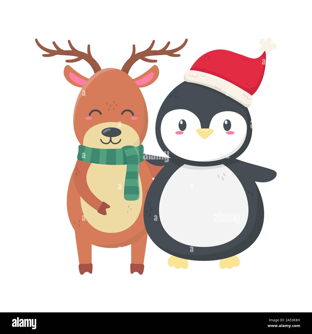 reindeer and penguin with hat celebration merry christmas vector ...