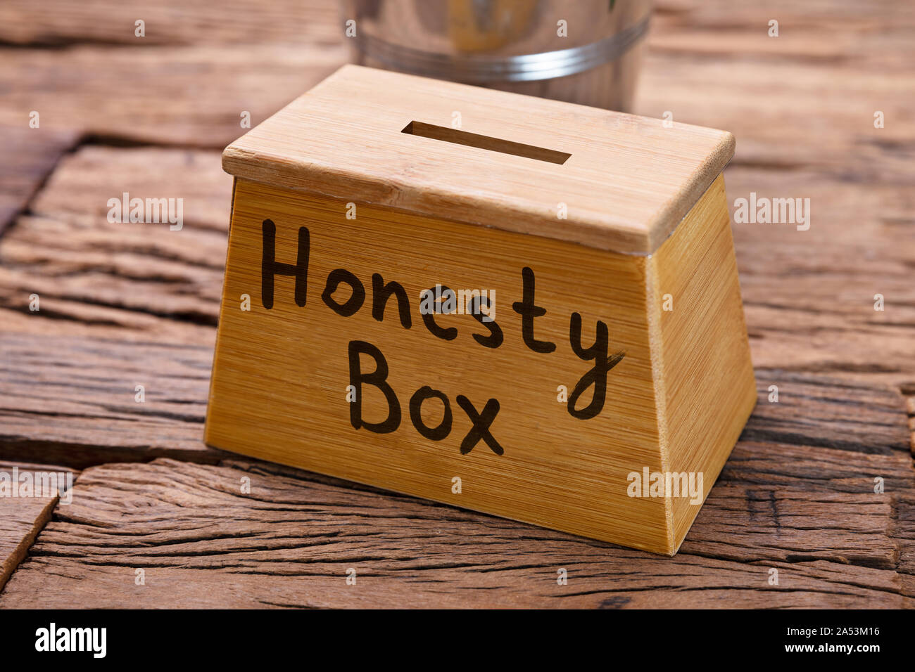 Photo Of Wooden Honesty Box On Wooden Table Stock Photo - Alamy