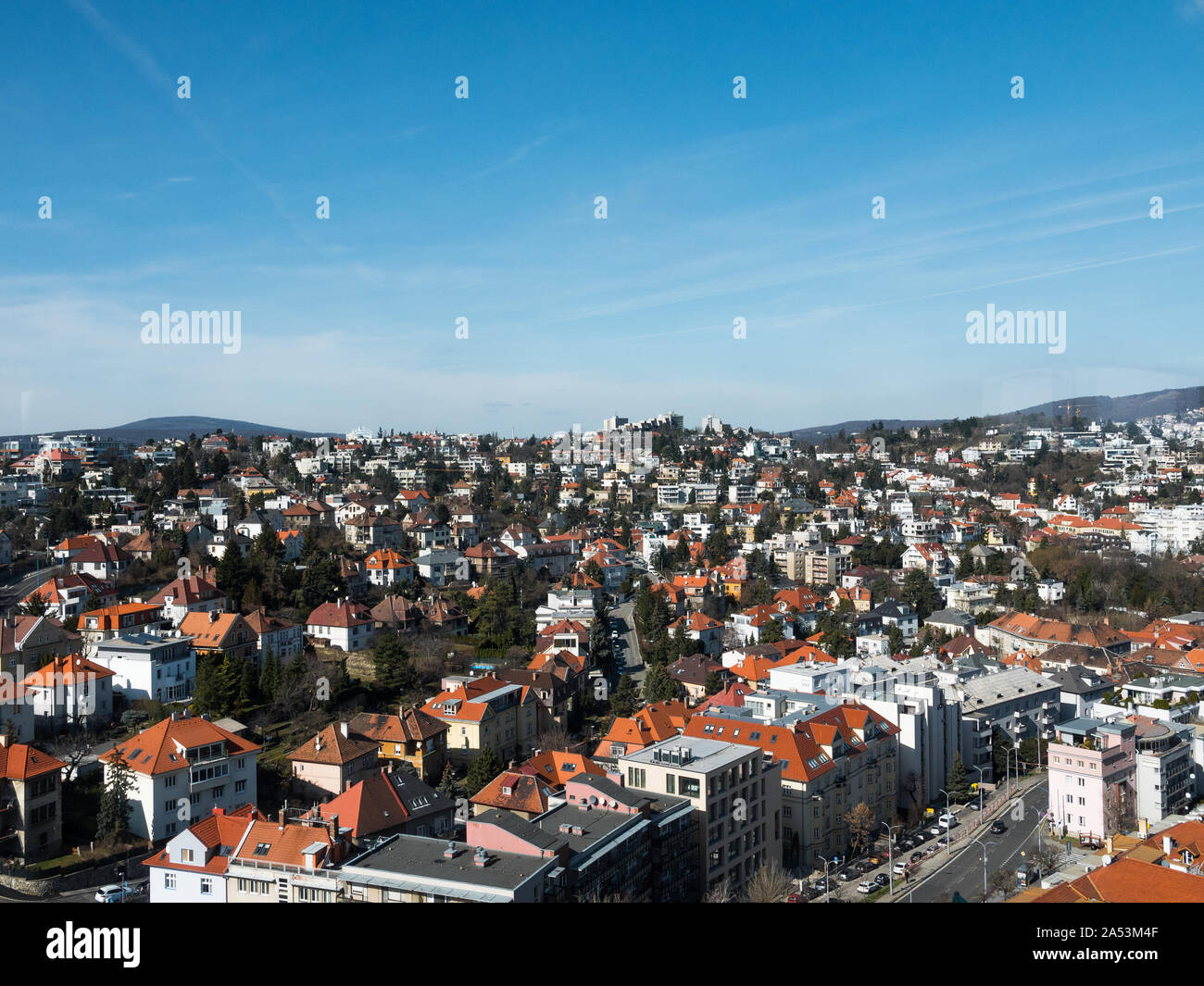 Bratislava cityscape from the Tower Castle. Beautiful blue sky and ...