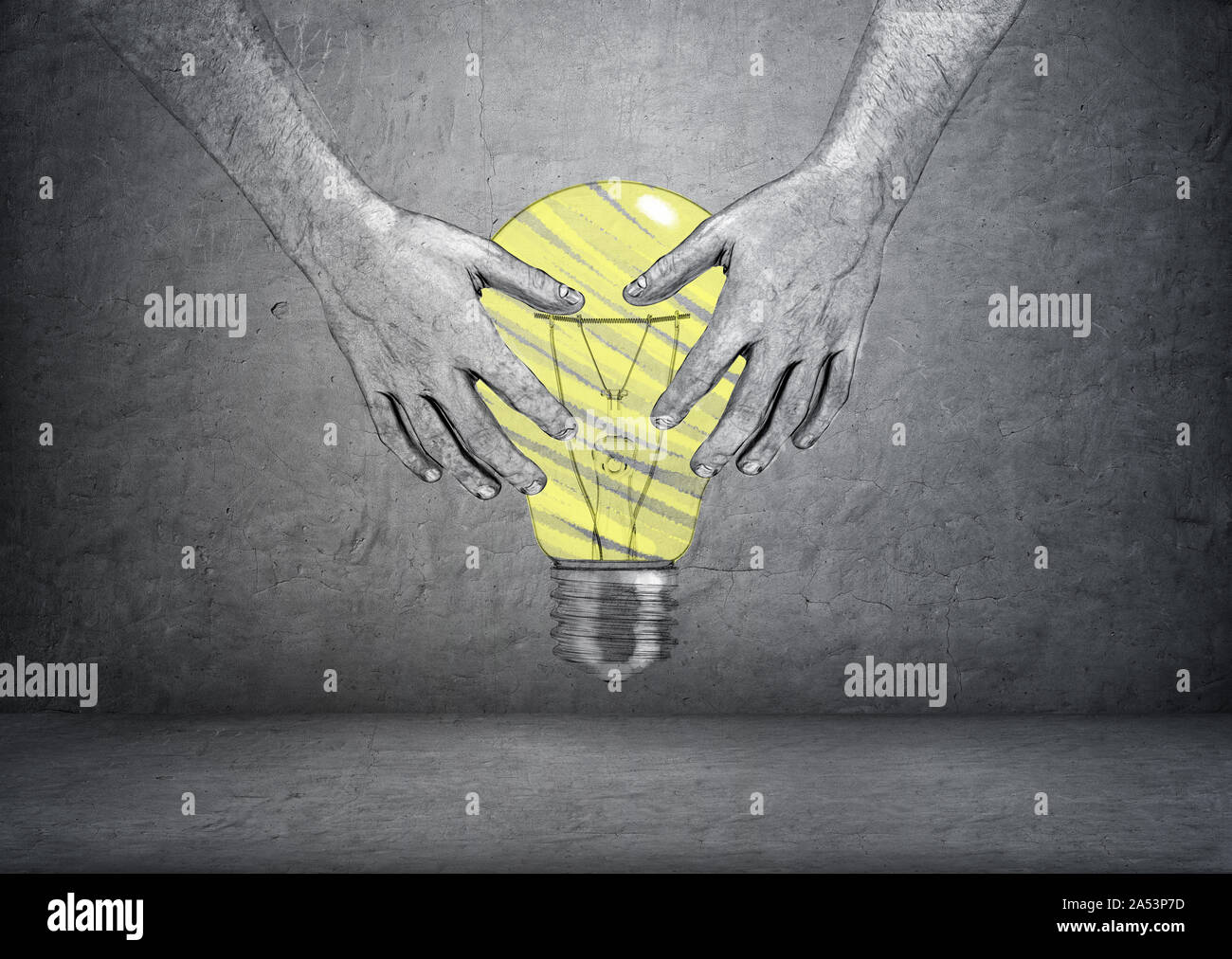 Hand drawn hands of man holding bright yellow light bulb on concrete ...