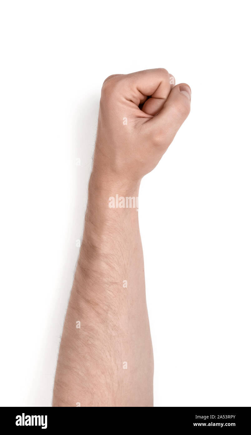 Close up view of man's hand clenched into fist, isolated on white ...