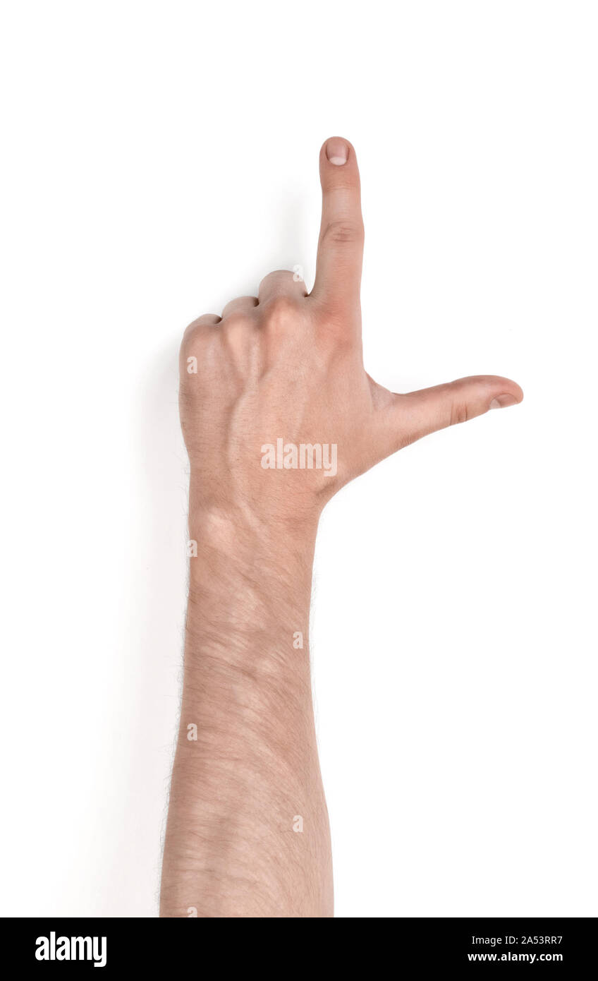 Close up view of a man's hand touching something with his forefinger ...