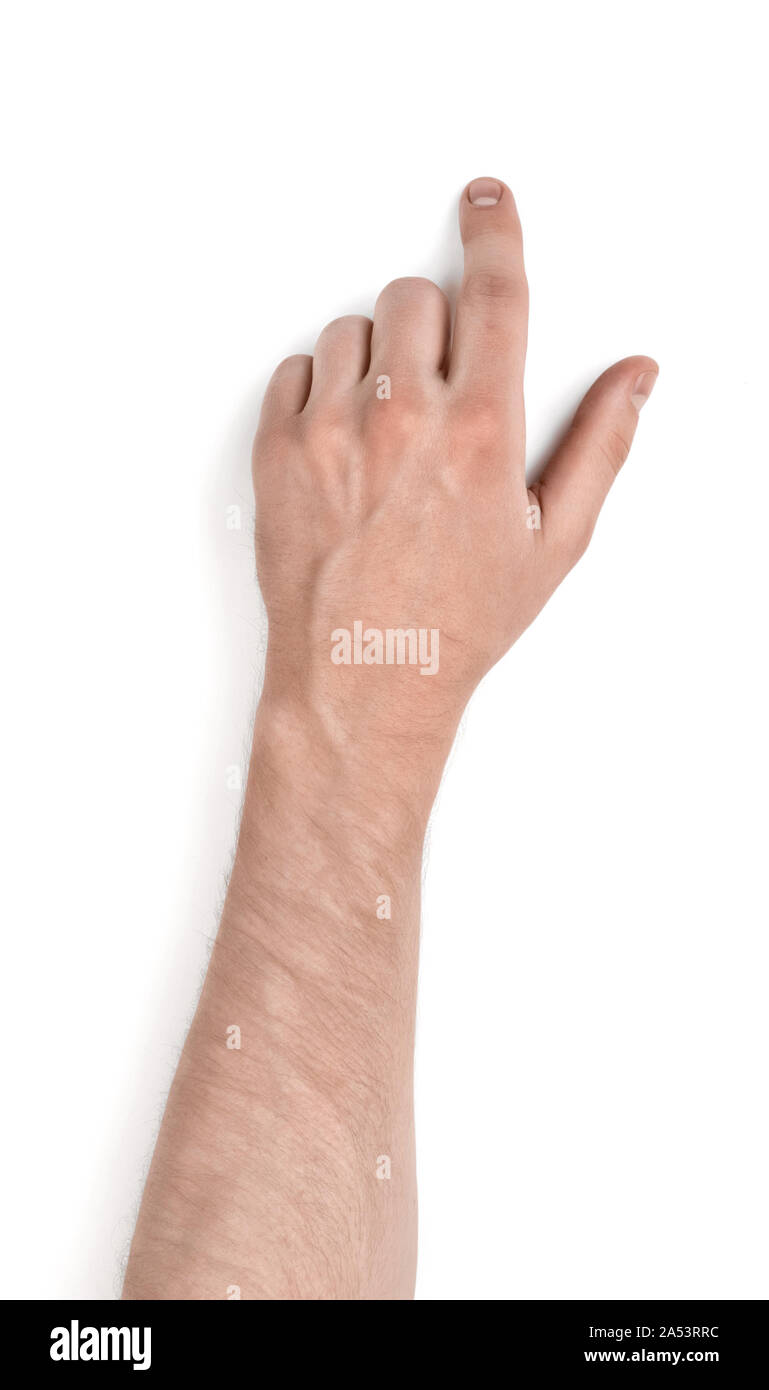 Close up view of a man's hand touching something with his forefinger ...