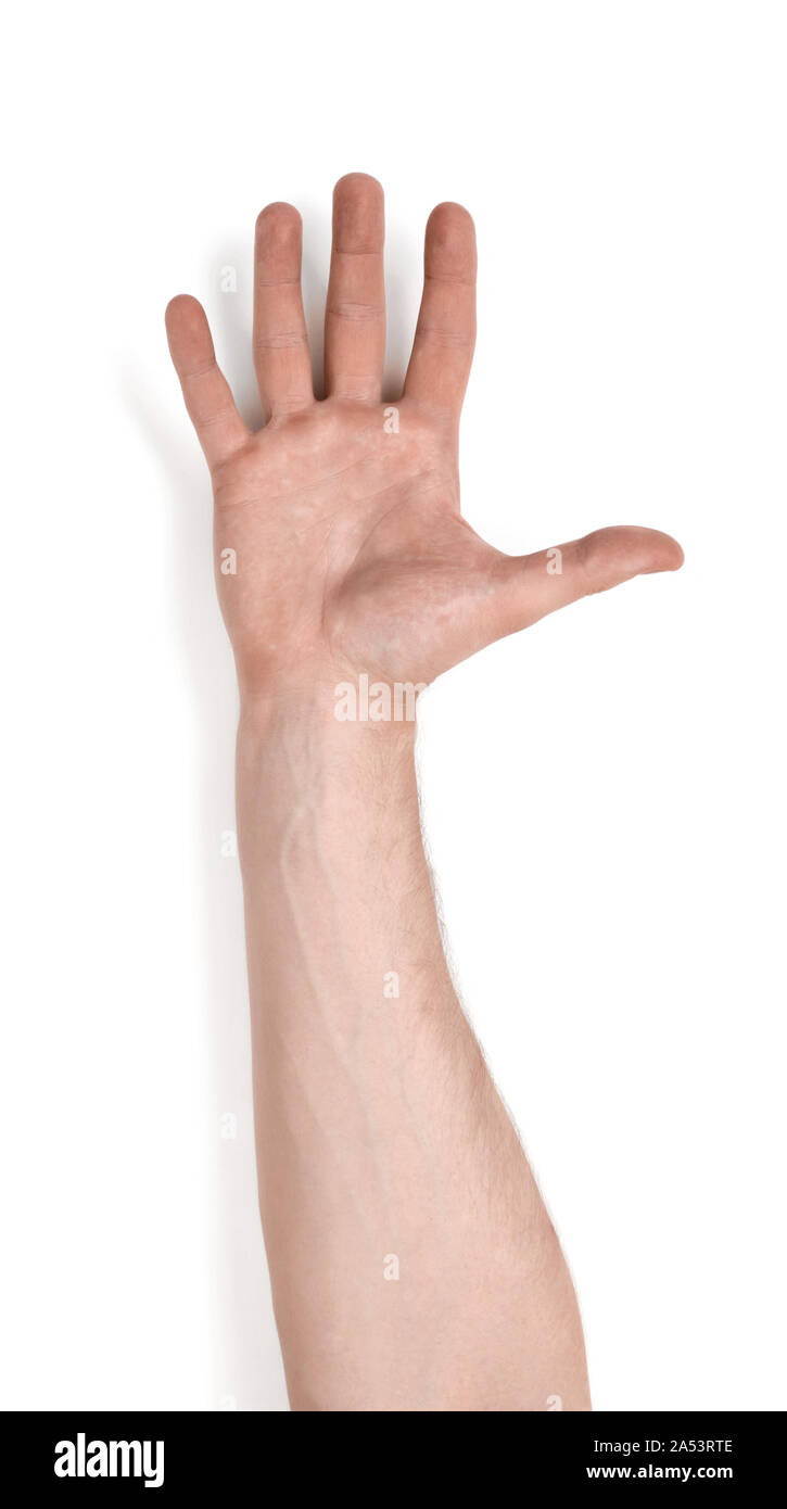 Top view of man's hand palm up, isolated on white background Stock ...