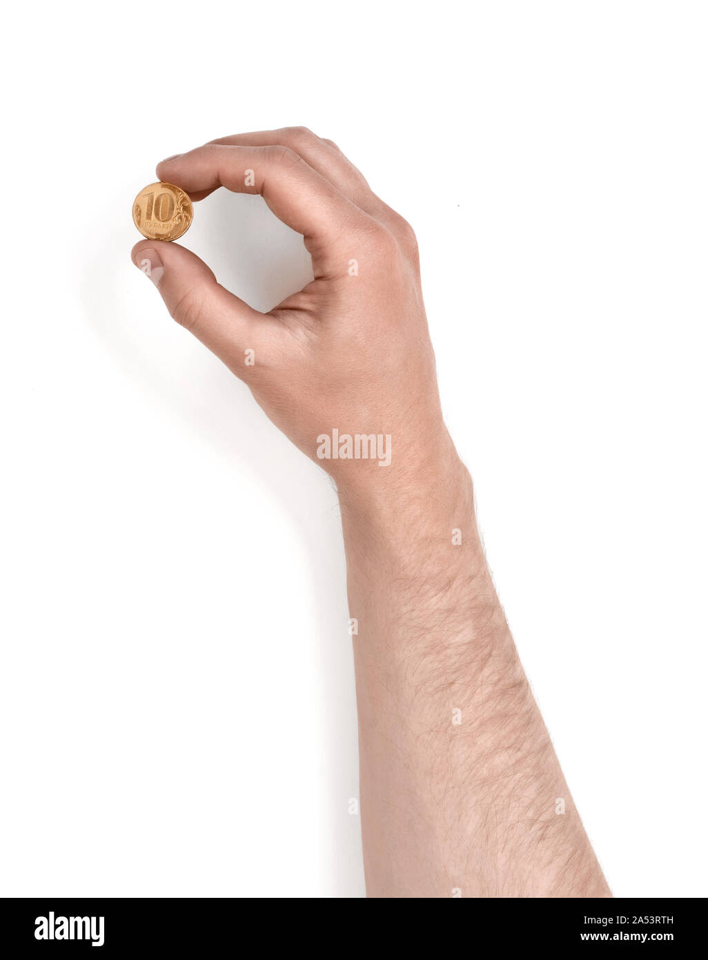 Man's hand holding a coin isolated on white background Stock Photo - Alamy