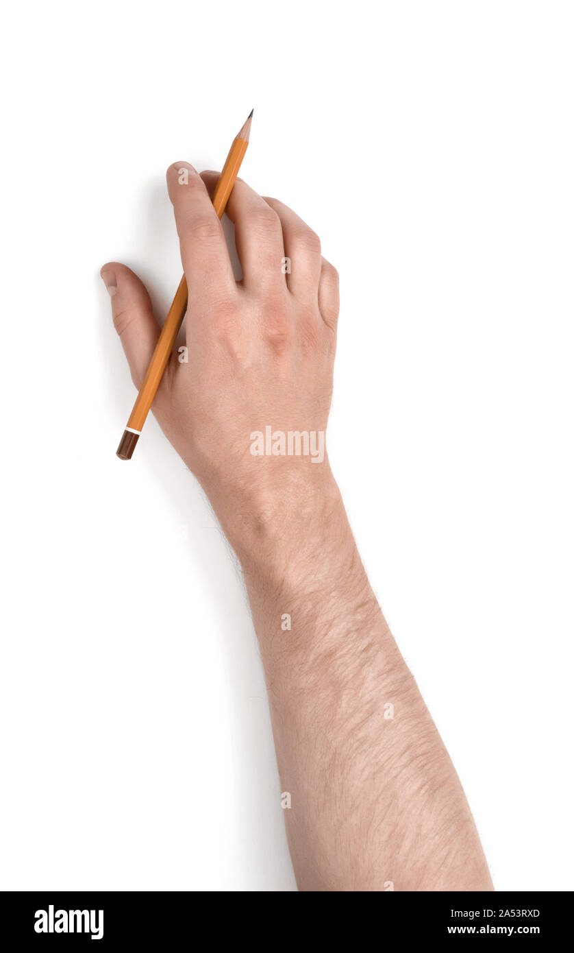 Close up view of man's hand holding pencil isolated on white background ...