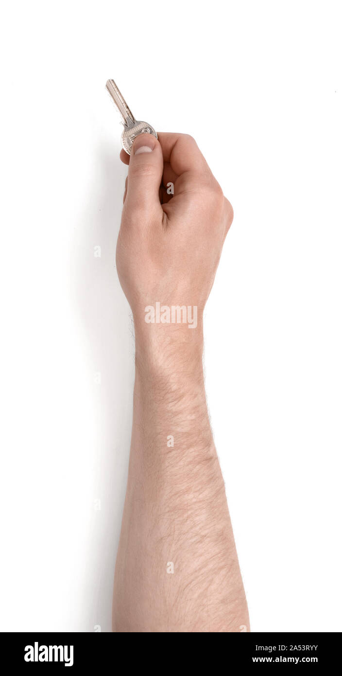 Man hand holding key, on a white background Stock Photo - Alamy