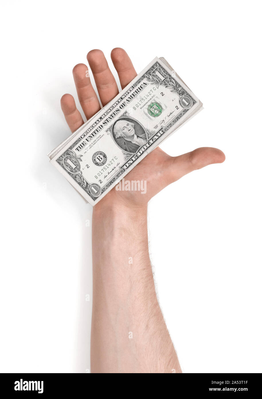 Close up view of a man's hand holding one dollar bills isolated on ...
