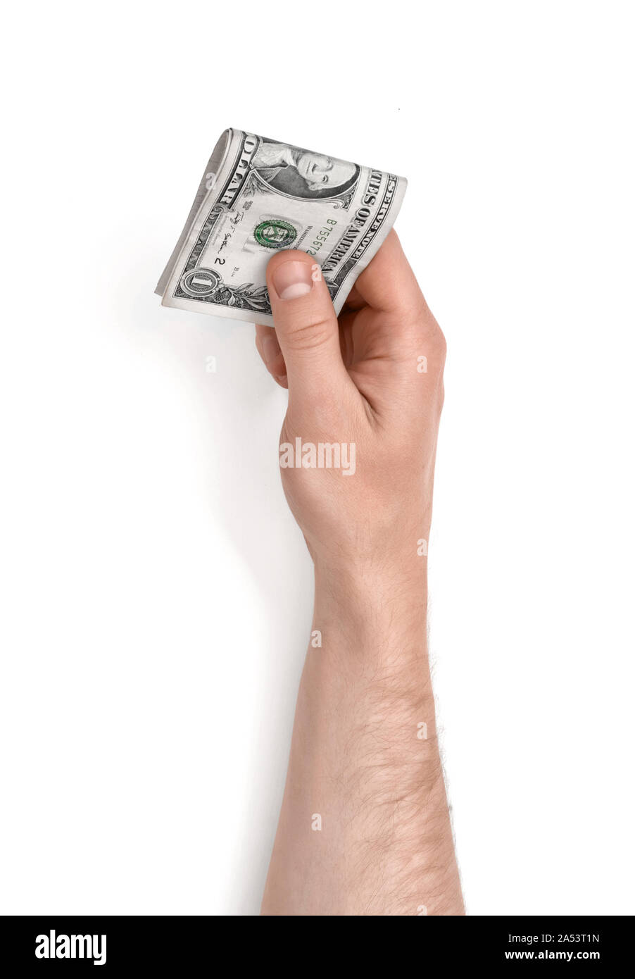 Close up view of a man's hand holding one dollar bills isolated on ...