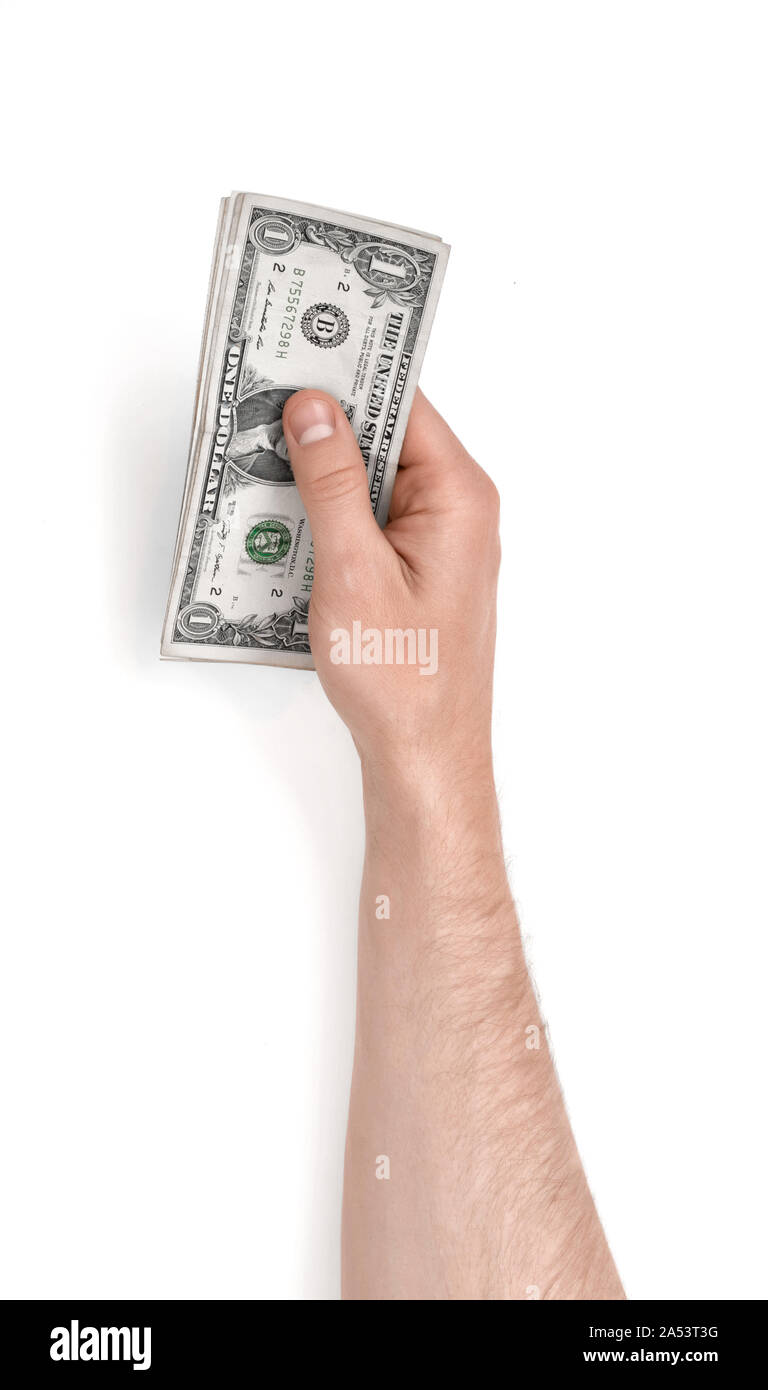 Close up view of a man's hand holding one dollar bills isolated on ...