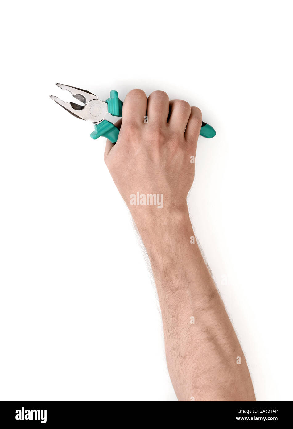 Close-up view of a man's hand holding pliers isolated on white ...