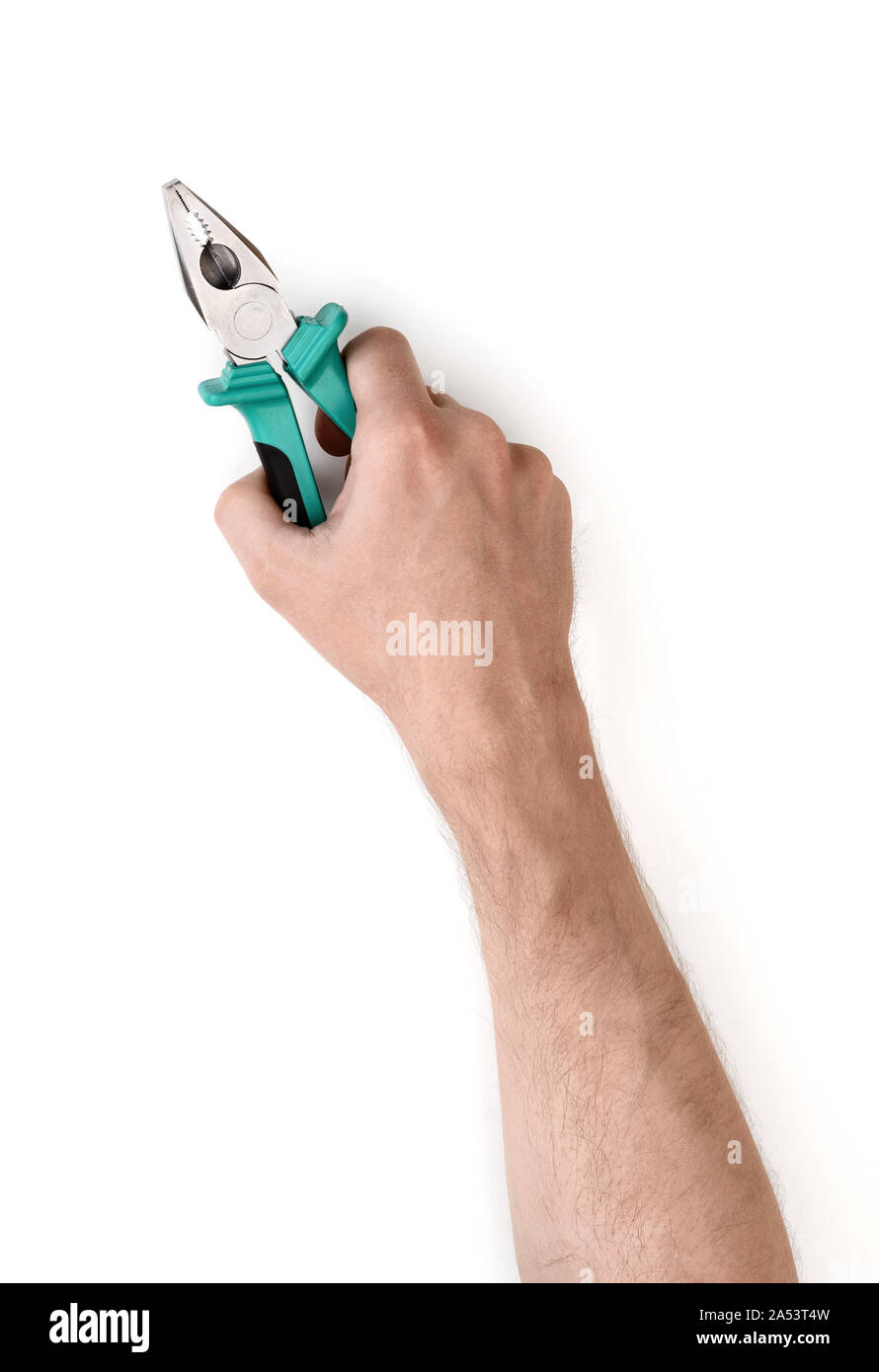 Close-up view of a man's hand holding pliers isolated on white ...