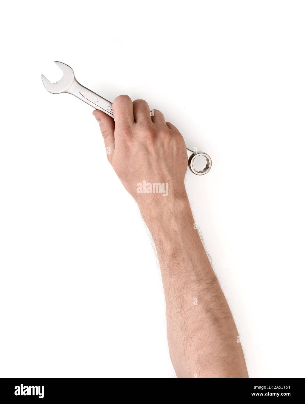 Close up view of a man's hand holding combination wrench isolated on ...