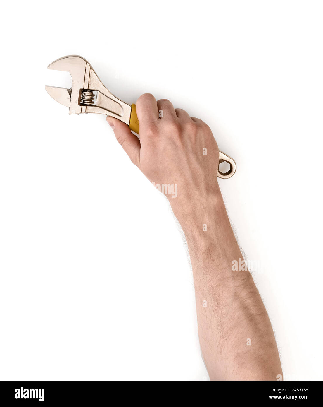 Close up view of a man's hand holding adjustable wrench isolated on ...
