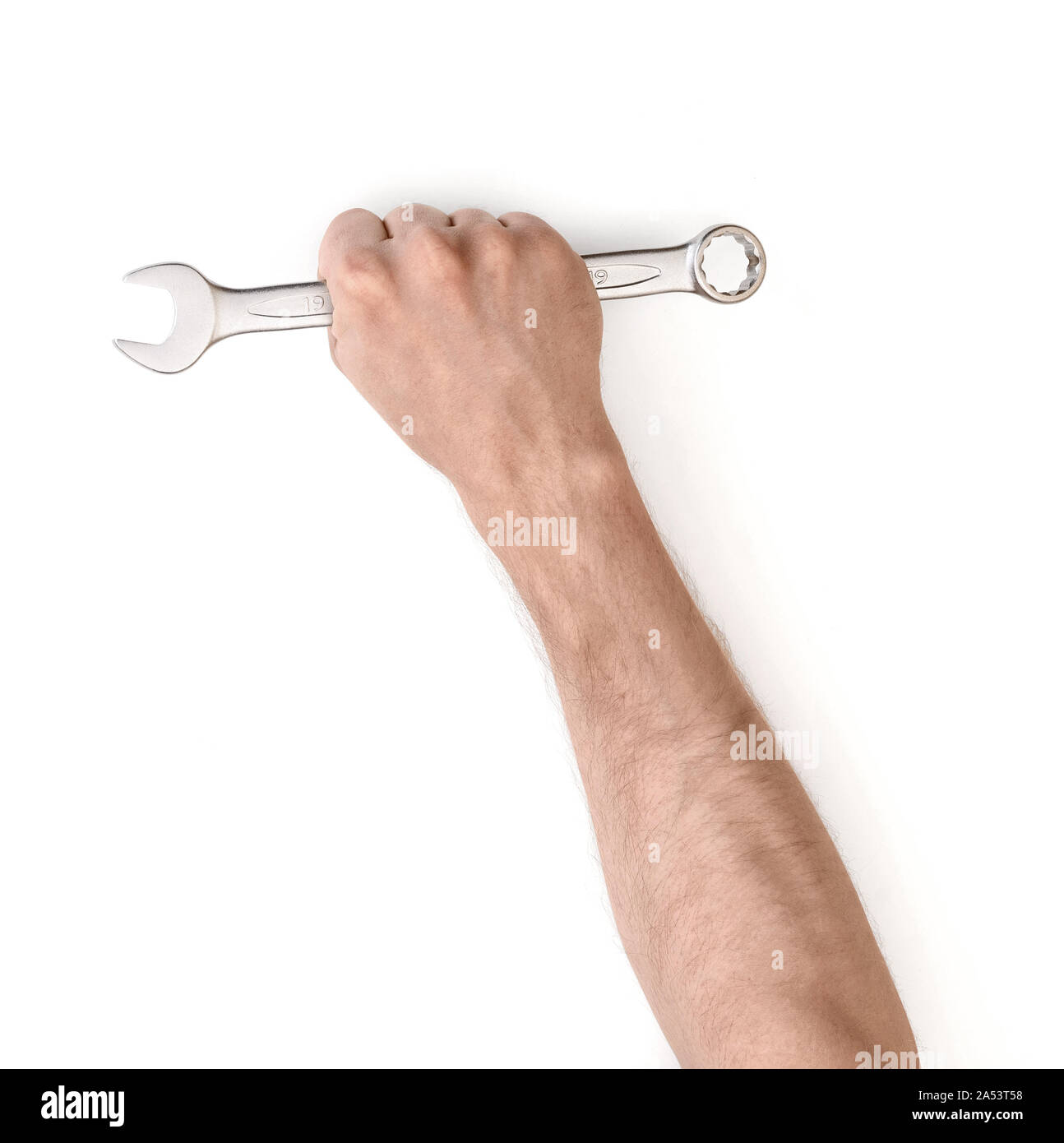 Close up view of a man's hand holding combination wrench isolated on ...