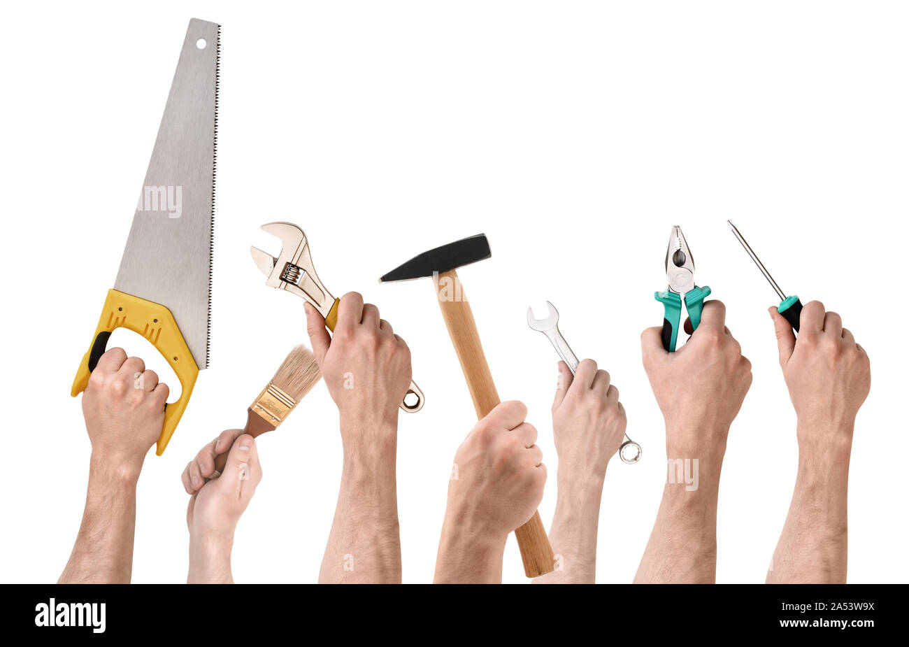 Set of people's hands holding different building tools isolated on ...