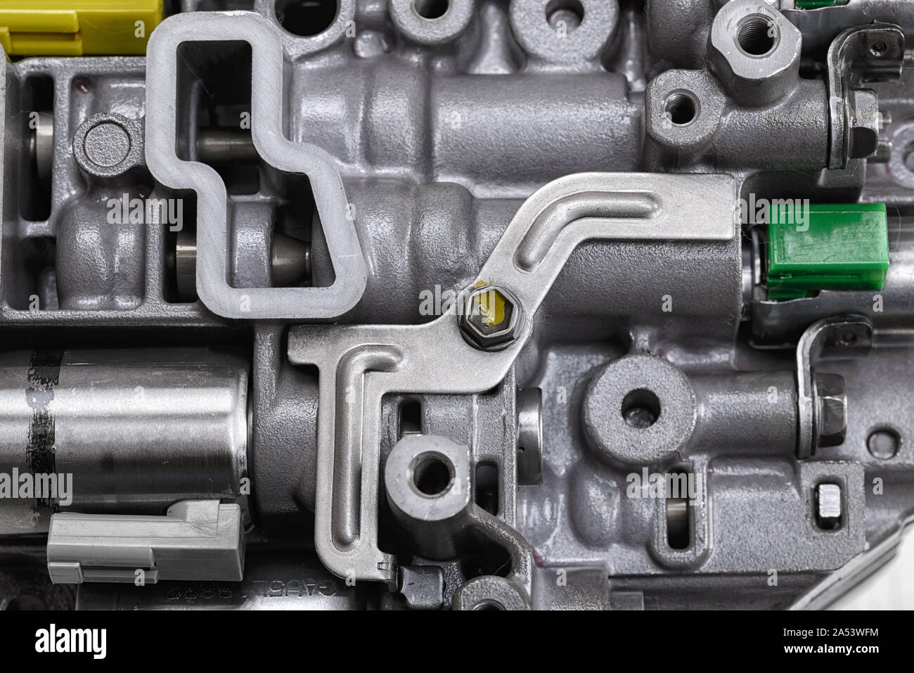 Mechanical part with metal components and hydraulic valves Stock Photo ...