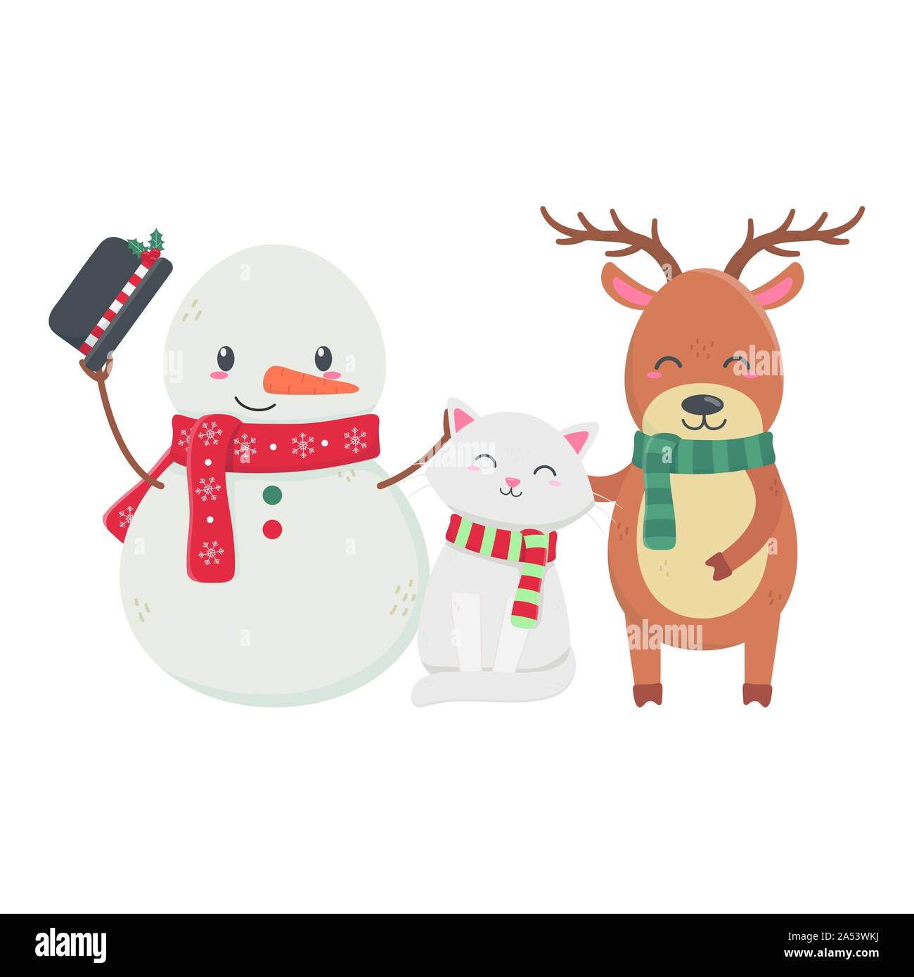 snowman cat and reindeer with scarf celebration merry christmas vector ...