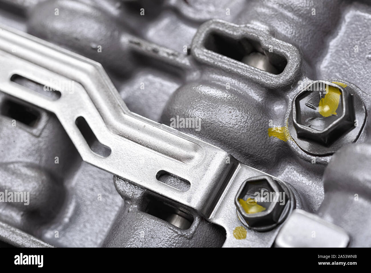 Mechanical part with metal components and hydraulic valves Stock Photo ...