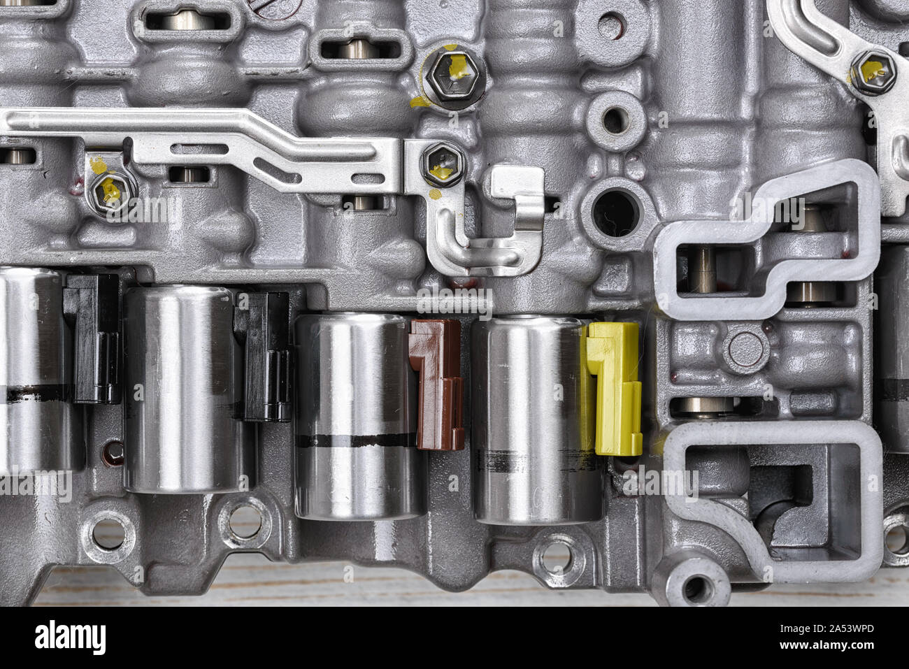 Mechanical part with metal components and hydraulic valves Stock Photo ...