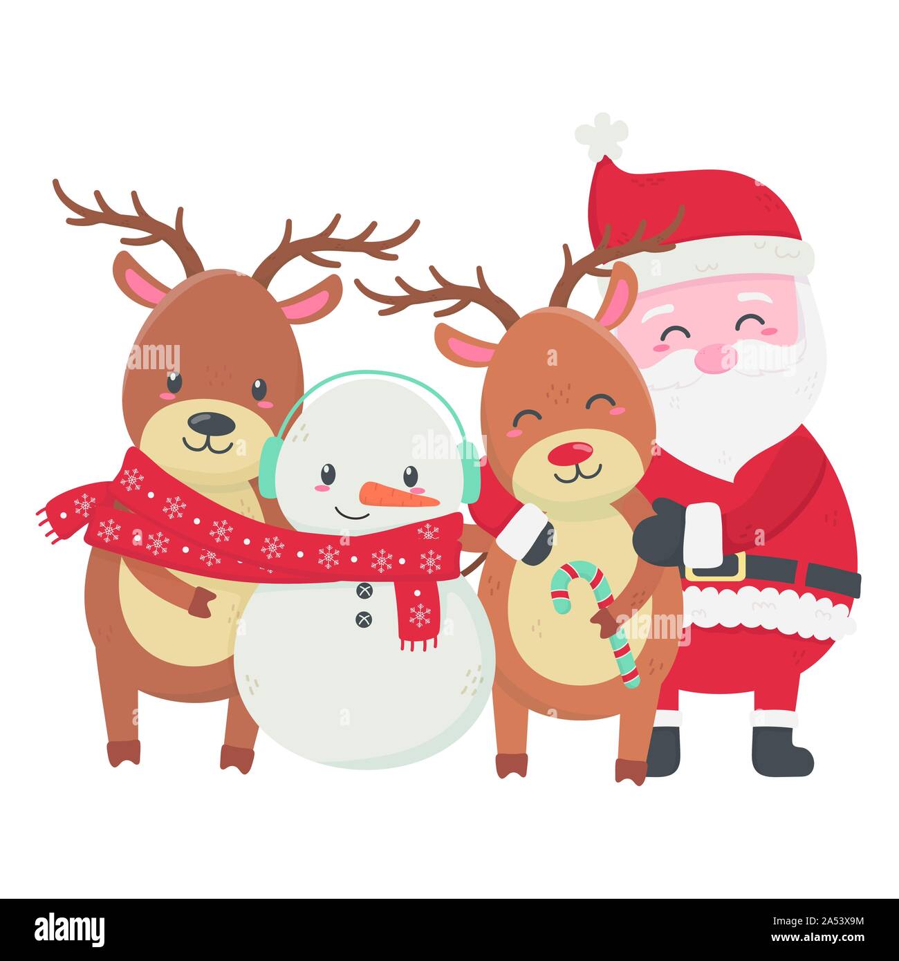 santa reindeers and snowman with scarf celebration merry christmas ...