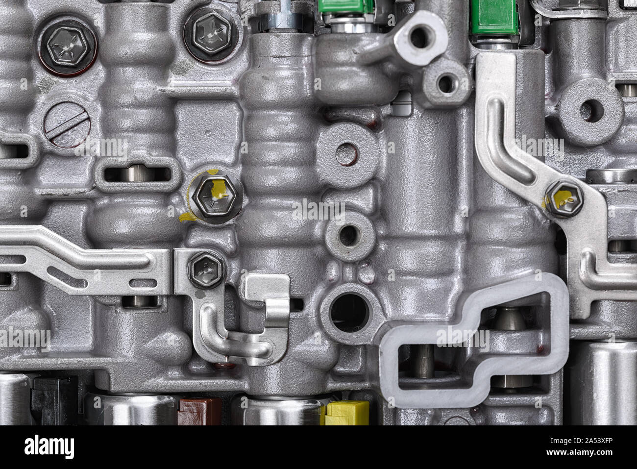 Mechanical part with metal components and hydraulic valves Stock Photo ...