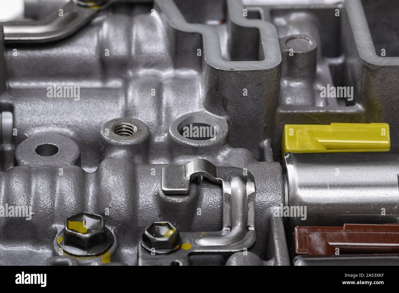 Mechanical part with metal components and hydraulic valves Stock Photo ...