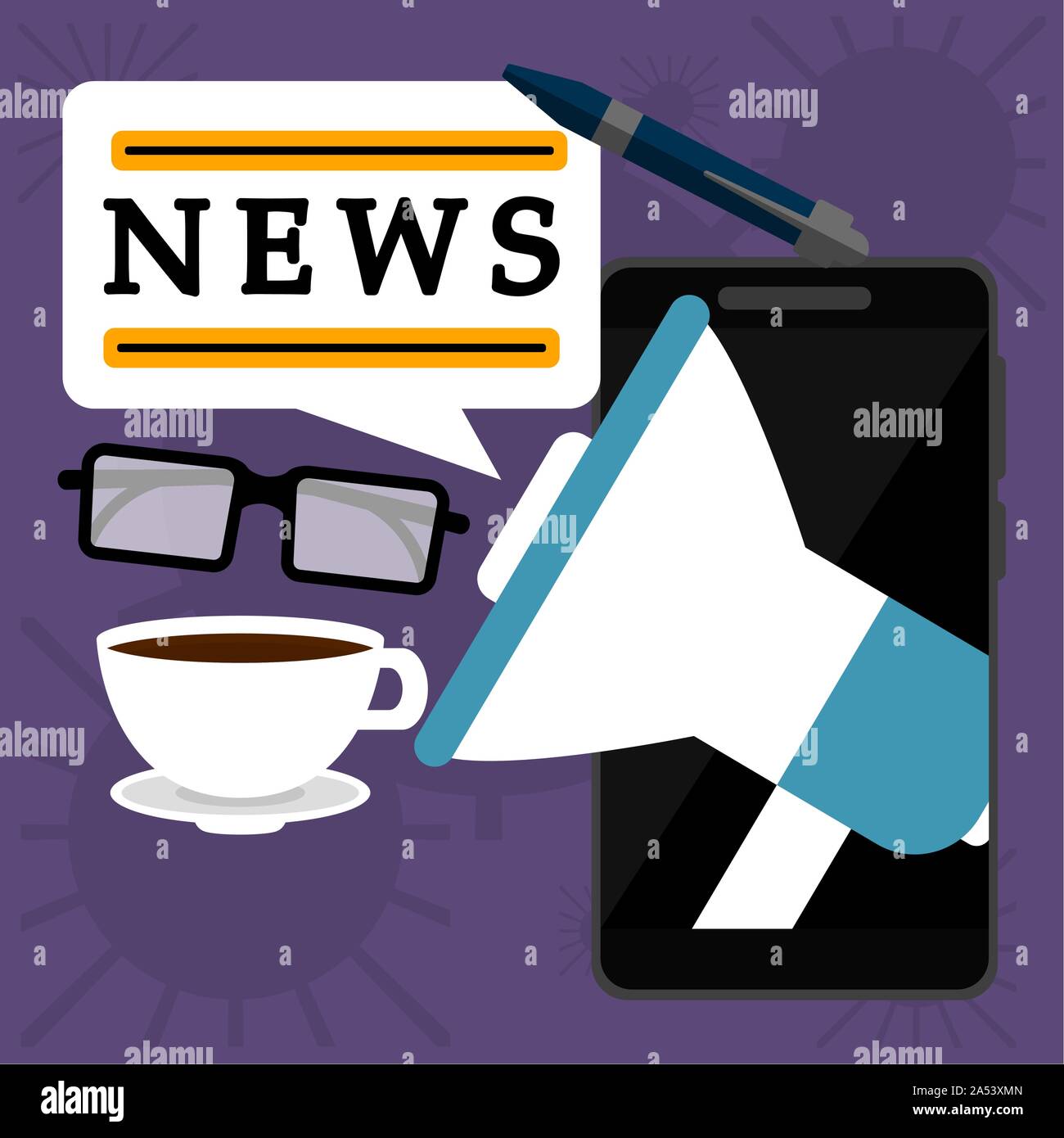 Megaphone with a coffee cup, glasses and a pen. News concept- Vector ...