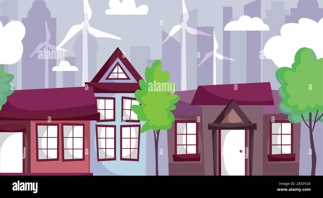 houses city urban wind turbine clean energy ecology vector illustration ...