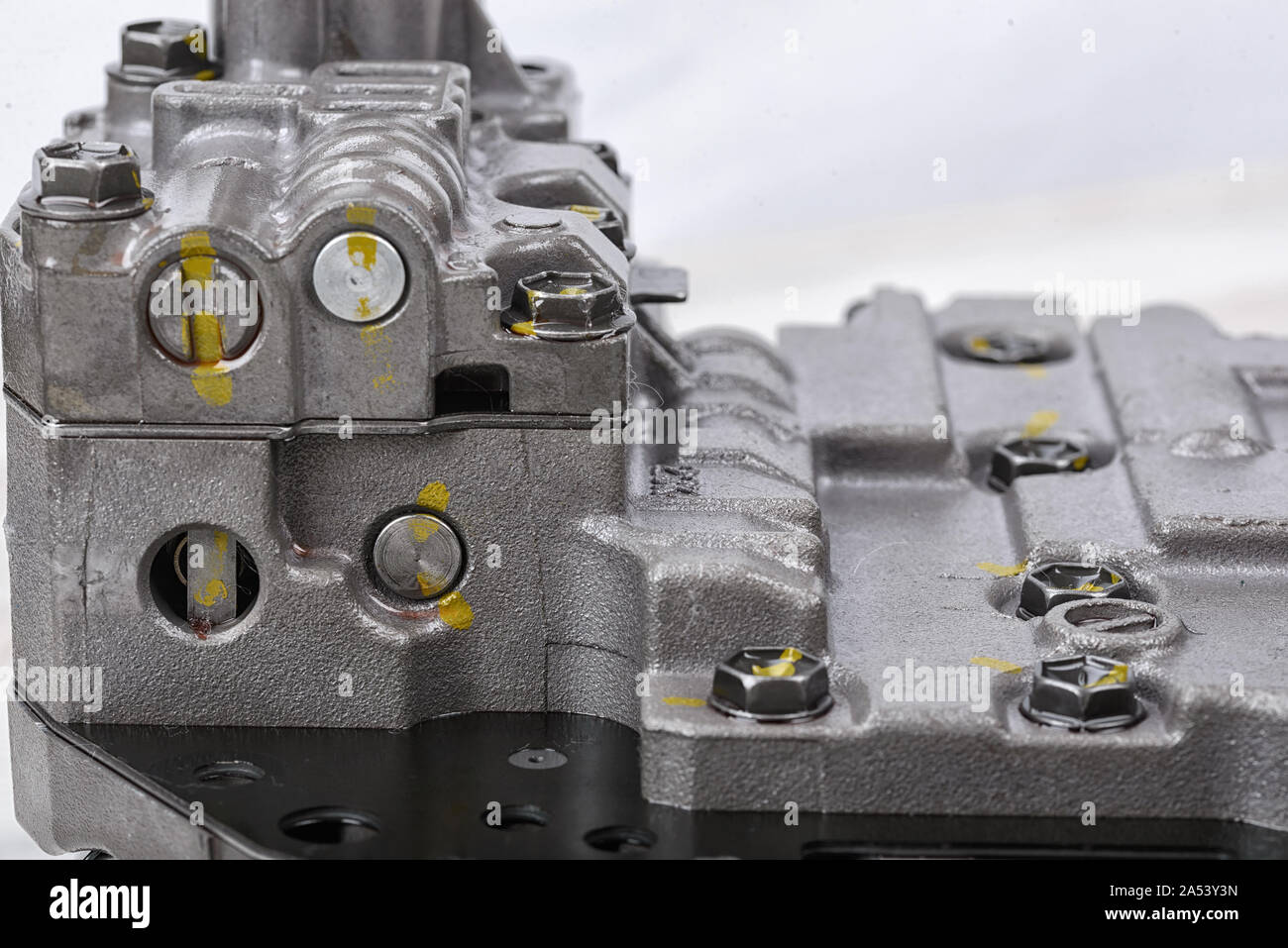 Mechanical part with metal components and hydraulic valves Stock Photo ...