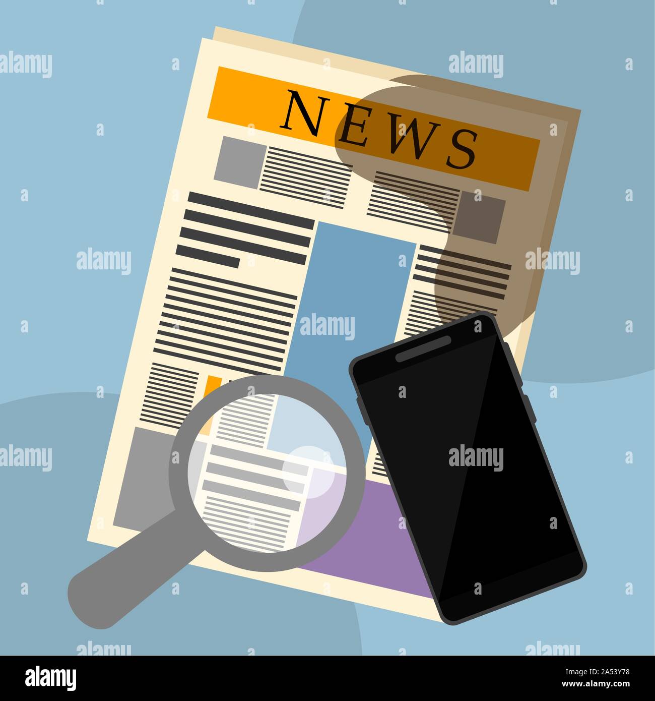 Newspaper with a magnifying glass and smartphone. News concept- Vector ...