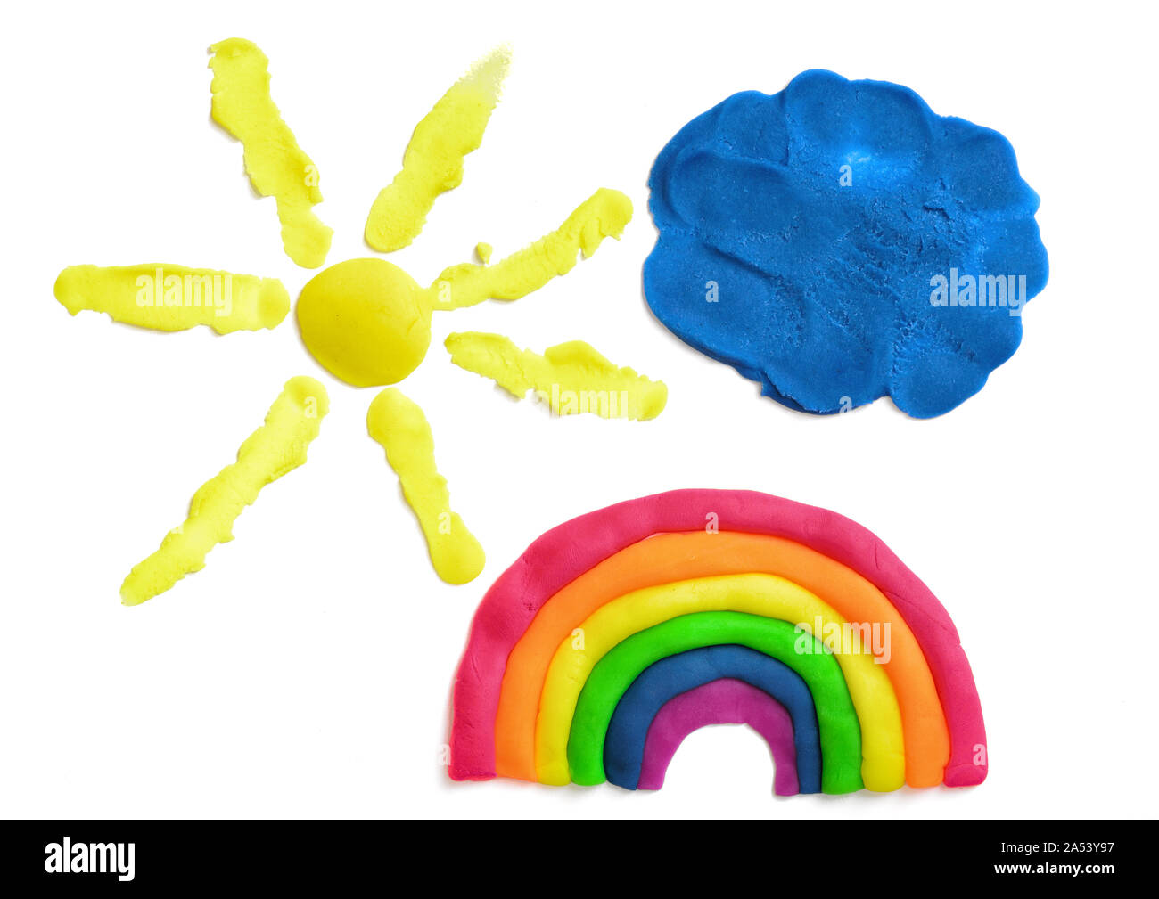 Yellow sun, blue cloud and rainbow made of plasticine, isolated on the ...