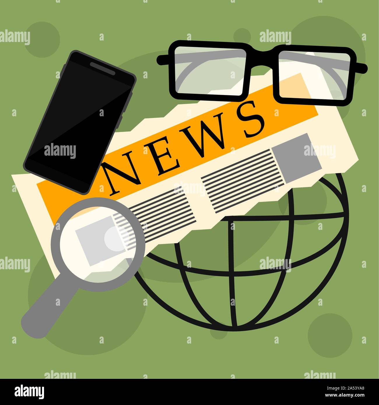 Newspaper with a magnifying glass, glasses and smartphone. News concept ...