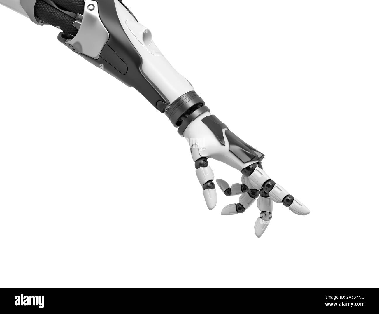 3d rendering of a robotic arm with fingers half-curled and the index ...