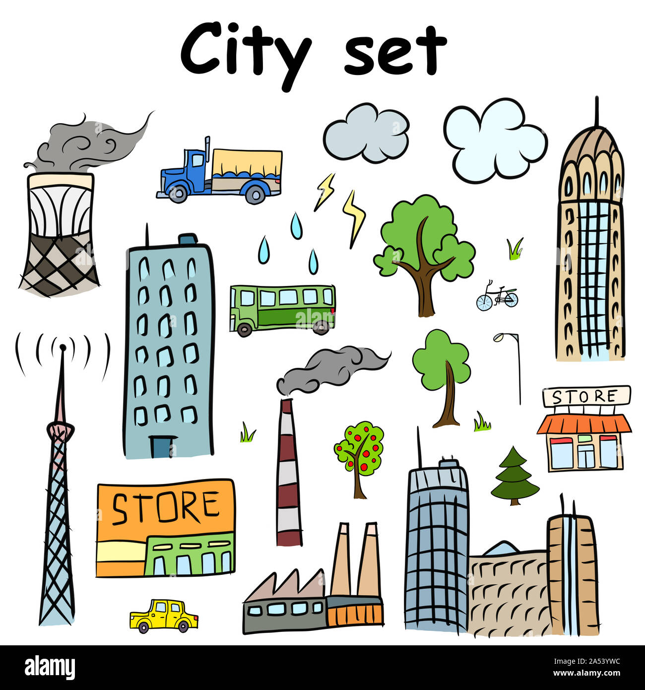 City set of hand drawn pictures. Buildings, factories, trees, clouds ...