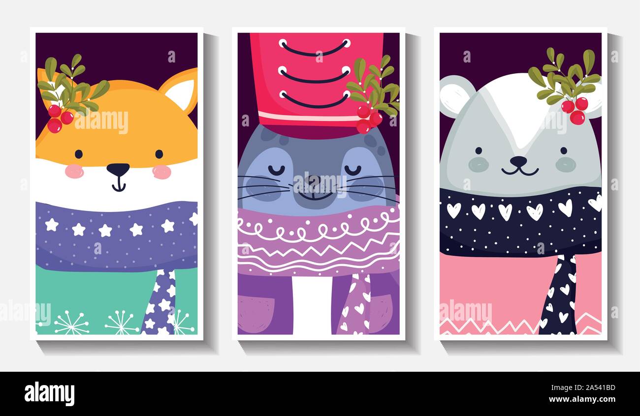 cute animals with warm sweater and holly berry merry christmas cards ...
