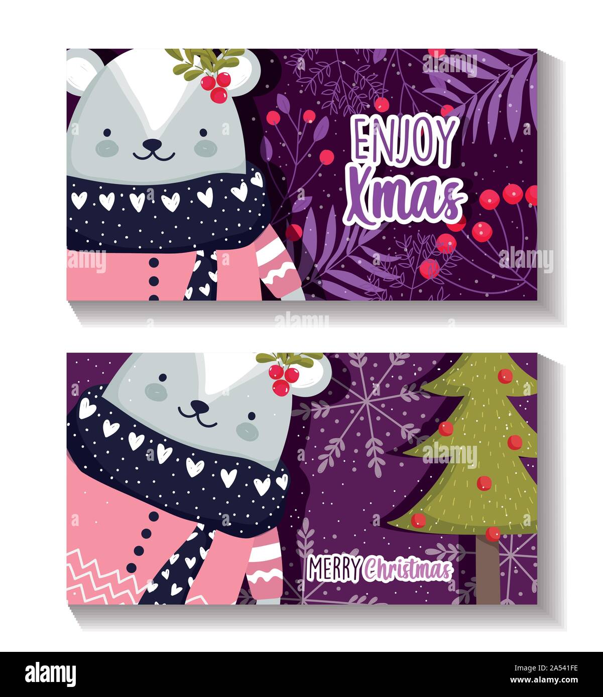 Polar Bear Holly Berry And Tree Merry Christmas Cards Vector