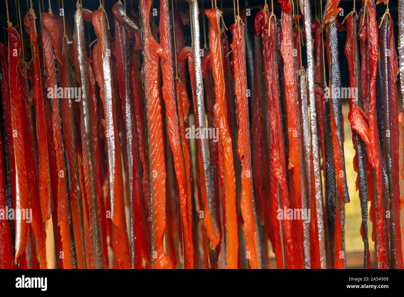Salmon strips hanging in the smoker Stock Photo - Alamy