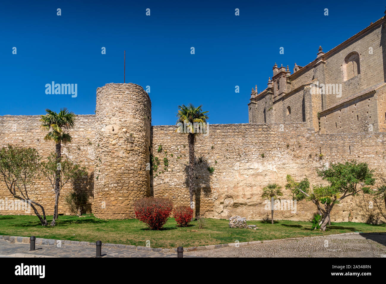 Ronda Spain aerial view of medieval hilltop town surrounded by walls ...