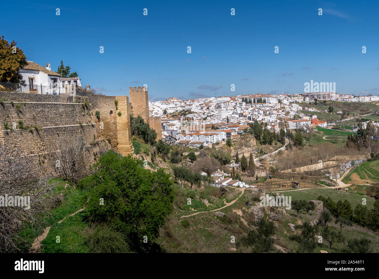 Ronda Spain aerial view of medieval hilltop town surrounded by walls ...