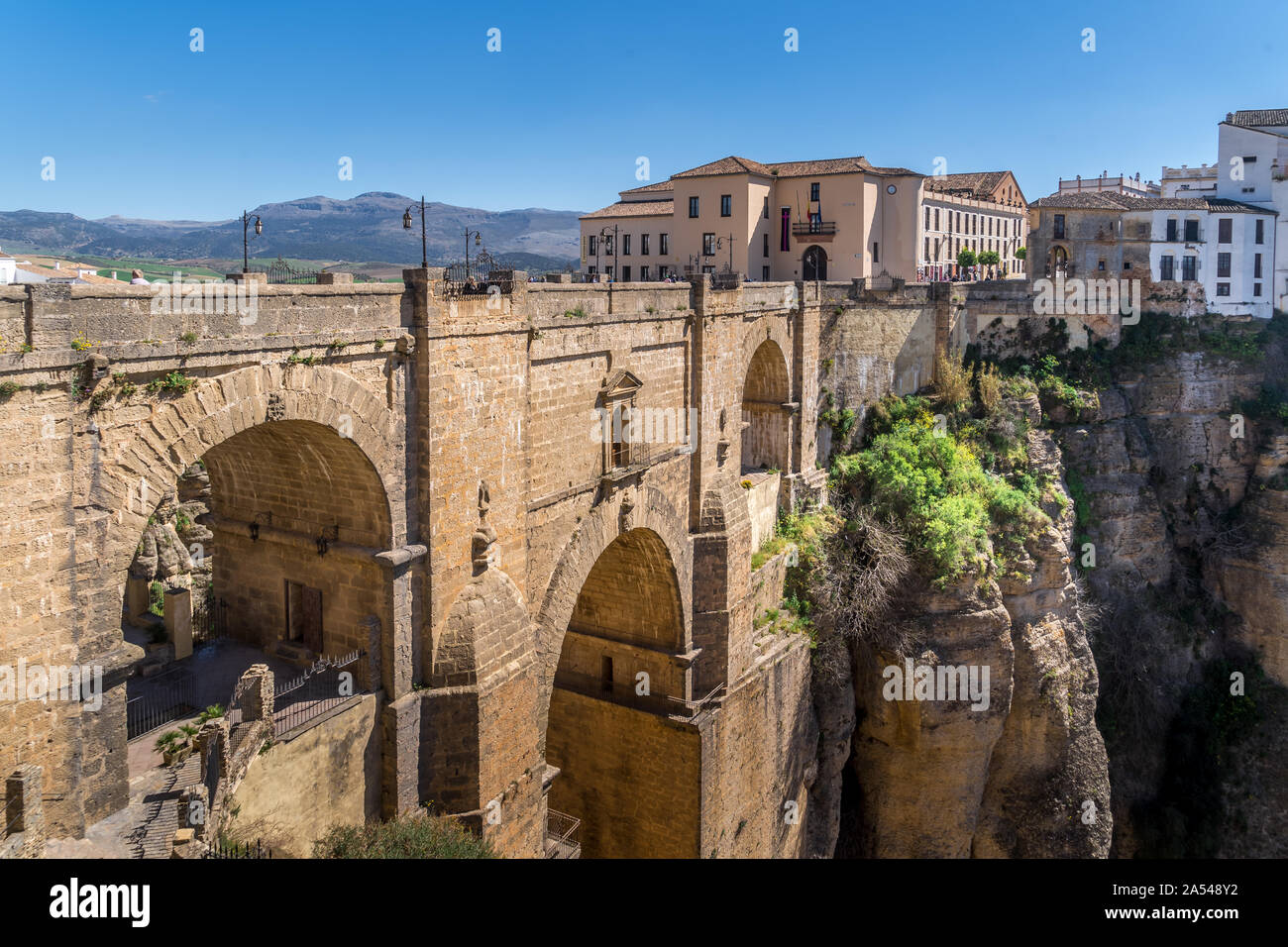 Ronda Spain aerial view of medieval hilltop town surrounded by walls ...