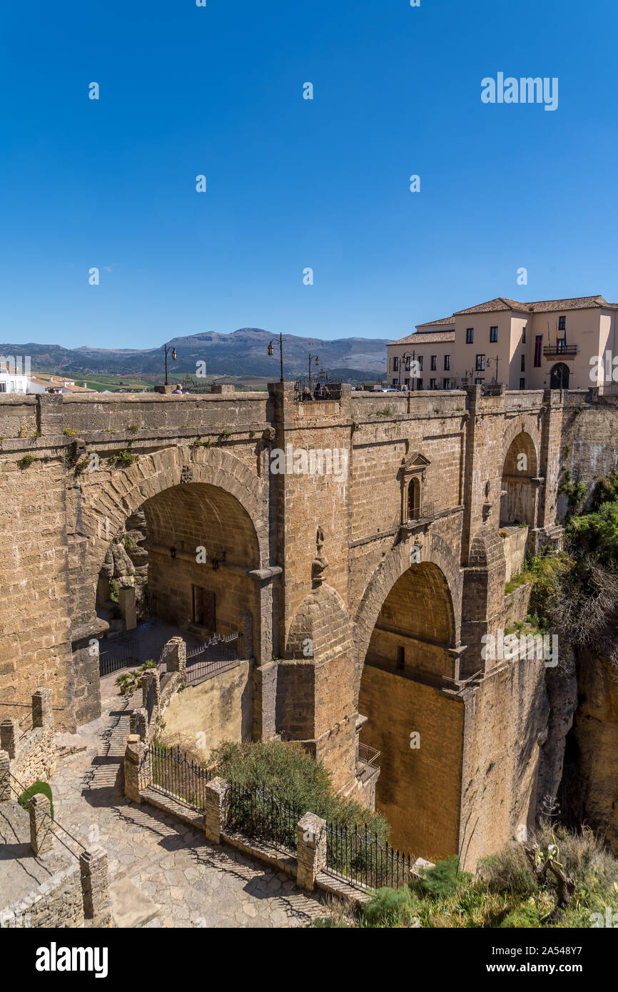 Ronda Spain aerial view of medieval hilltop town surrounded by walls ...