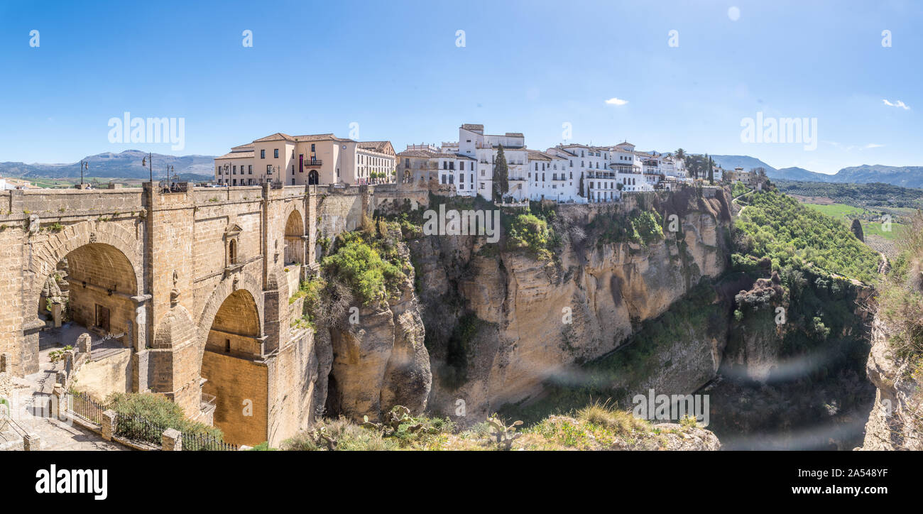 Ronda Spain aerial view of medieval hilltop town surrounded by walls ...